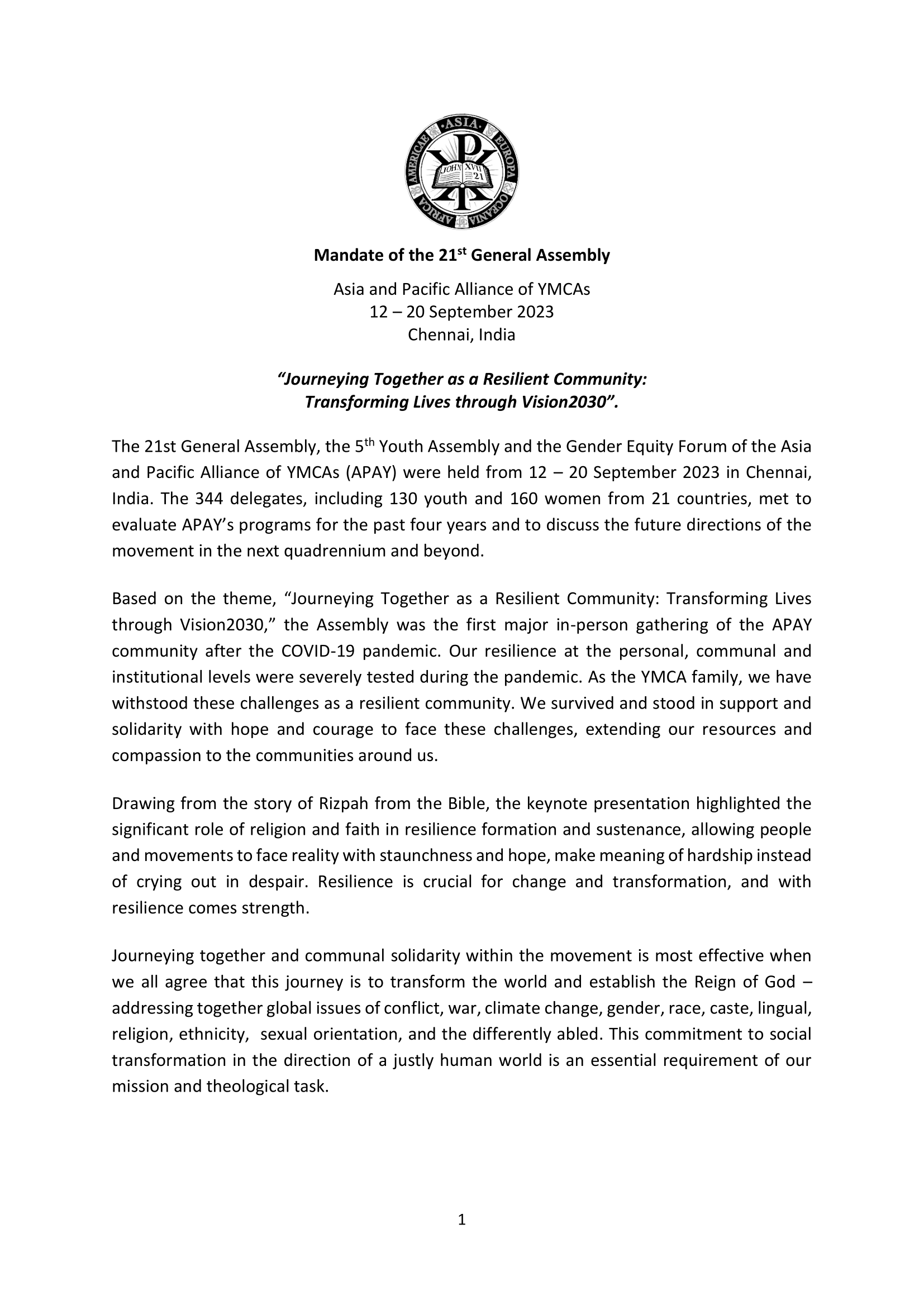 21st General Assembly Mandate